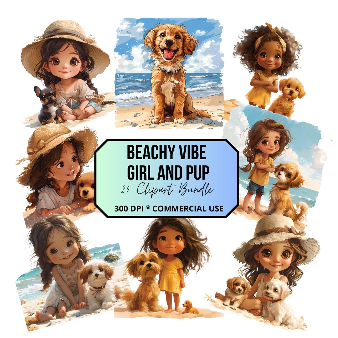 Summer Beach Kawaii Baby Girl and Her Dog Clipart, Transparent Beach ...