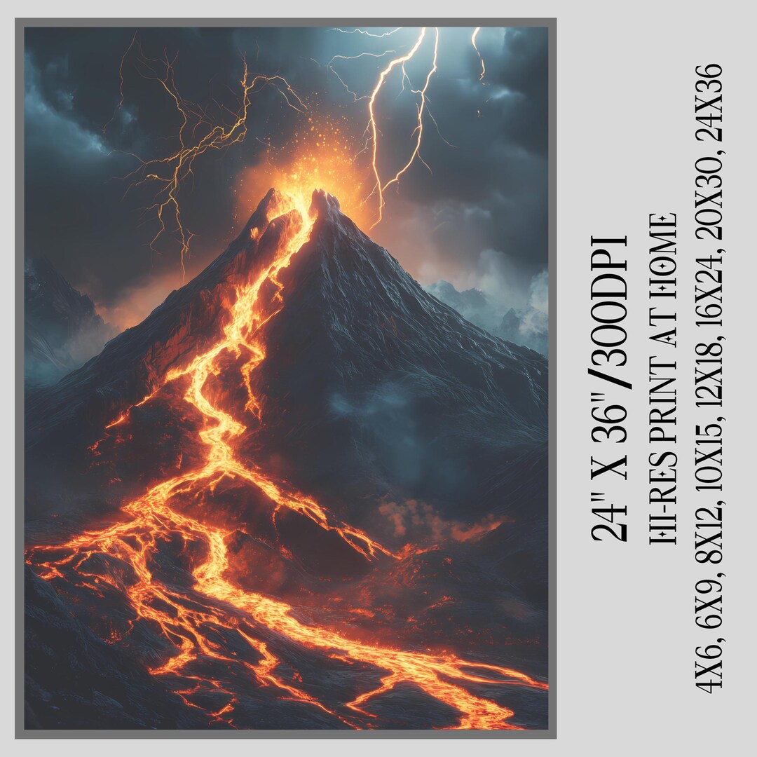 Volcano Eruption Wall Art, Lava Flow, Lightning in the Mystical Sky ...