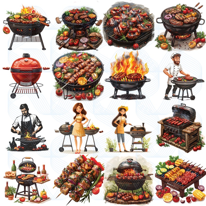 Barbecue Clipart, Summer Barbeque Graphics, BBQ Grill Party Essentials ...