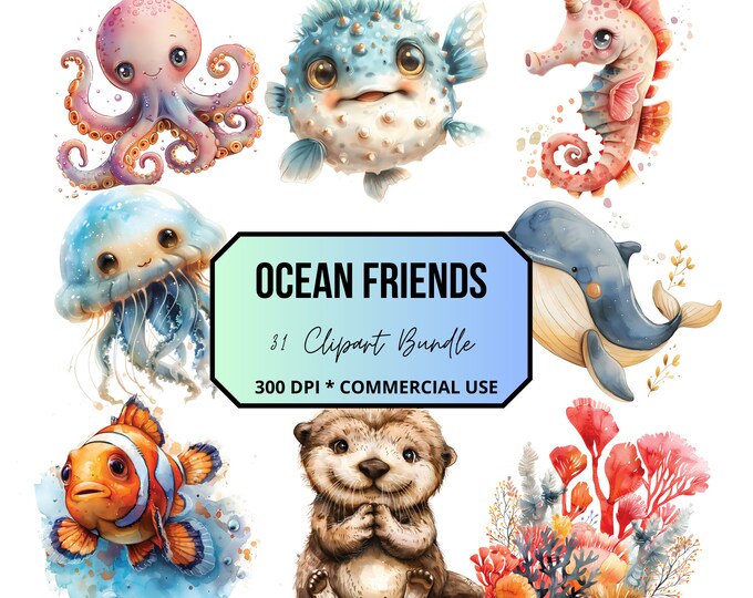 31 Ocean Friends, Underwater Animals Clipart Pack, Transparent ...