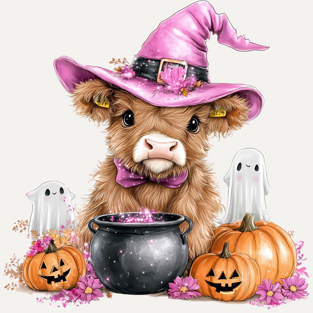 Baby Highland Cow Witch Png, Halloween Png, Little Cow, Pumpkins ...
