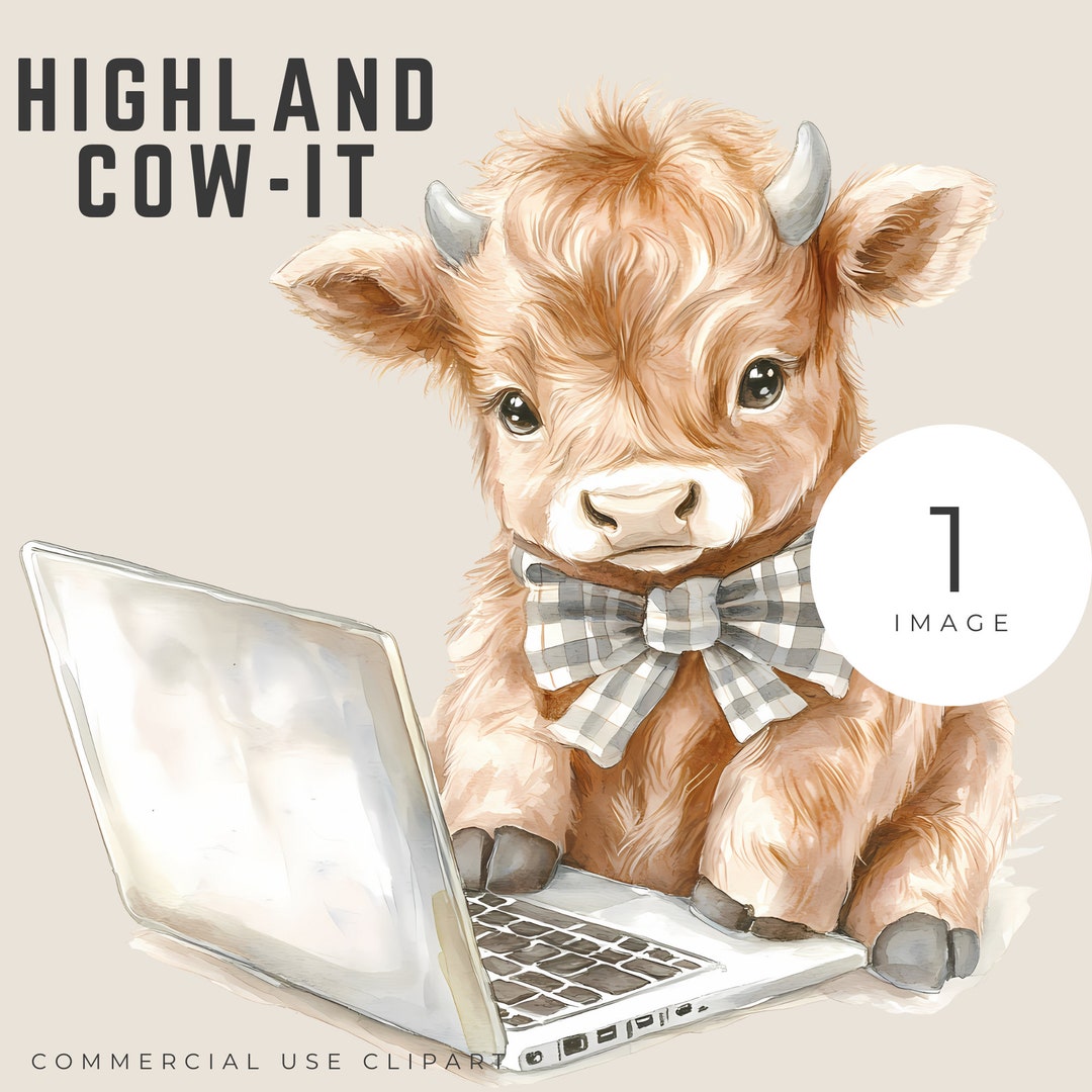 Cute Baby Highland Cow Typing Away on a Laptop, Transparent Png ...