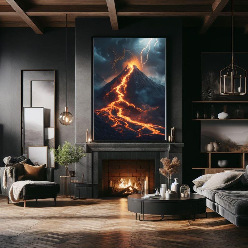 Volcano Eruption Wall Art, Lava Flow, Lightning in the Mystical Sky ...