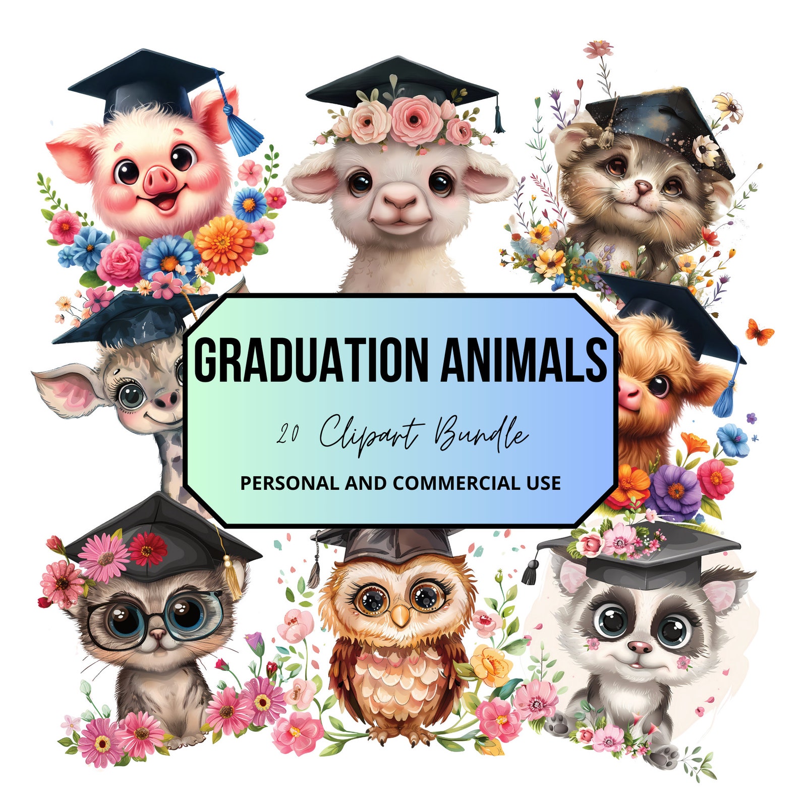 Graduation Animals Clipart, Watercolor Cute Academic Celebration ...