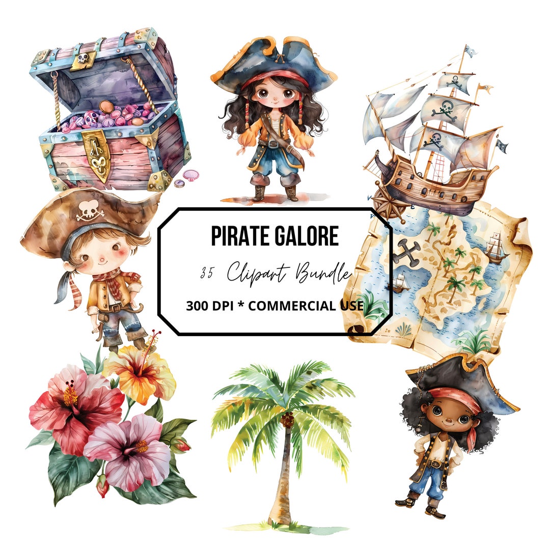 Cute Pirate Watercolor Clipart, Caribbean Clipart, Treasure Trove ...