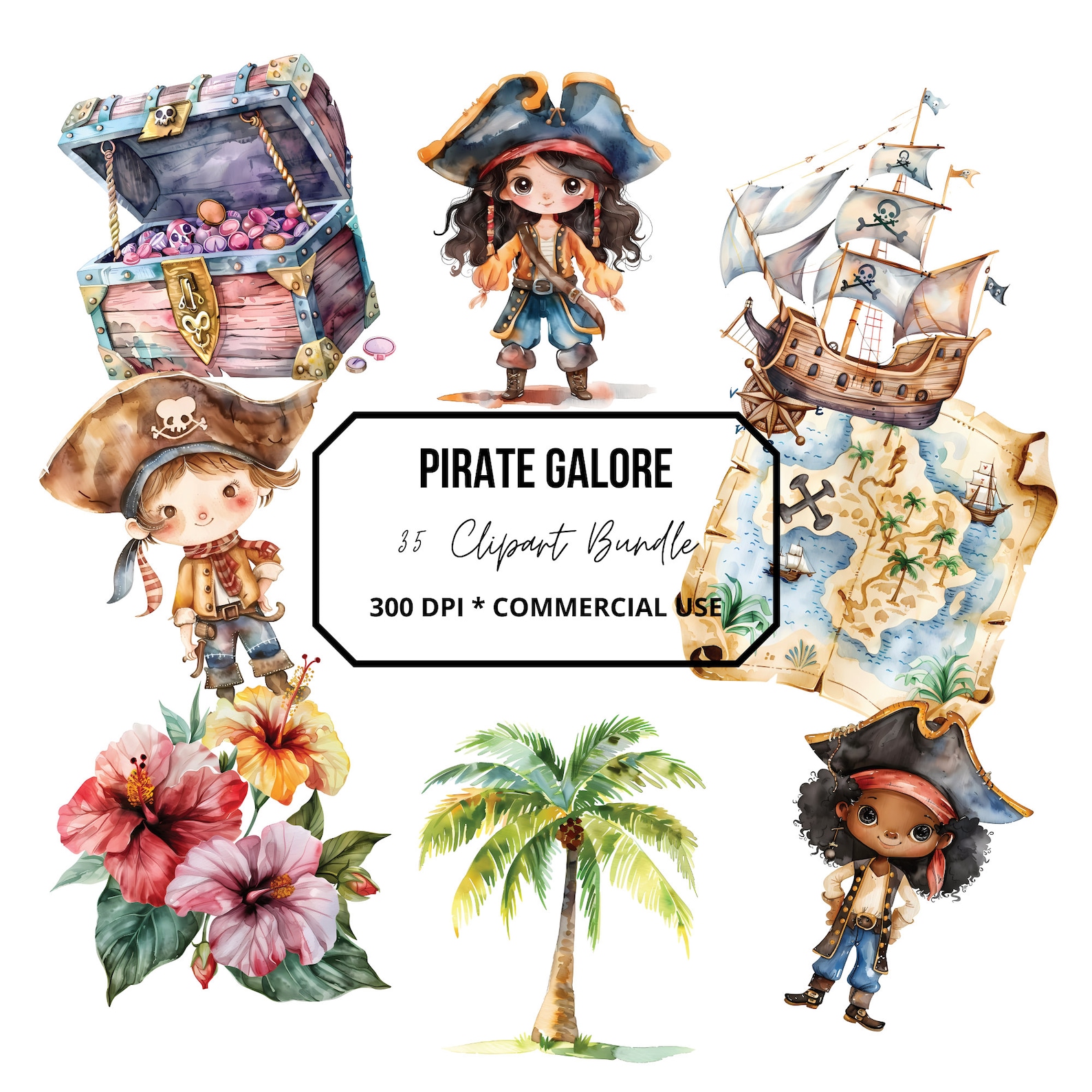 Cute Pirate Watercolor Clipart, Caribbean Clipart, Treasure Trove ...