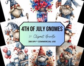Watercolor 4th of July Gnomes Clipart, 11 PNG Patriotic Gnome Clipart ...