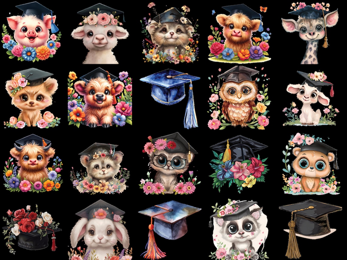 Graduation Animals Clipart, Watercolor Cute Academic Celebration ...