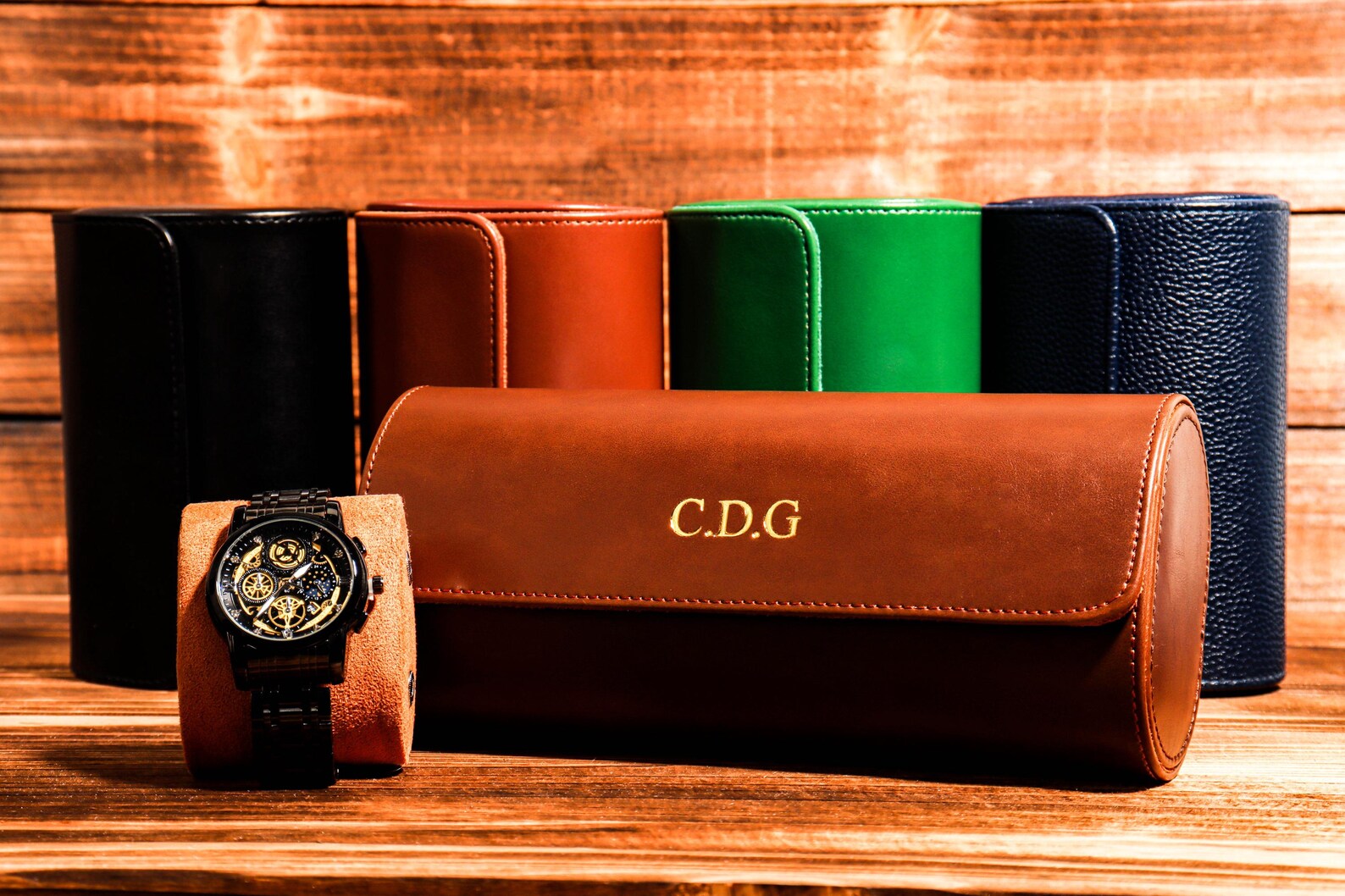 Luxury Black Leather Watch Roll, Personalized Leather Watch Case ...