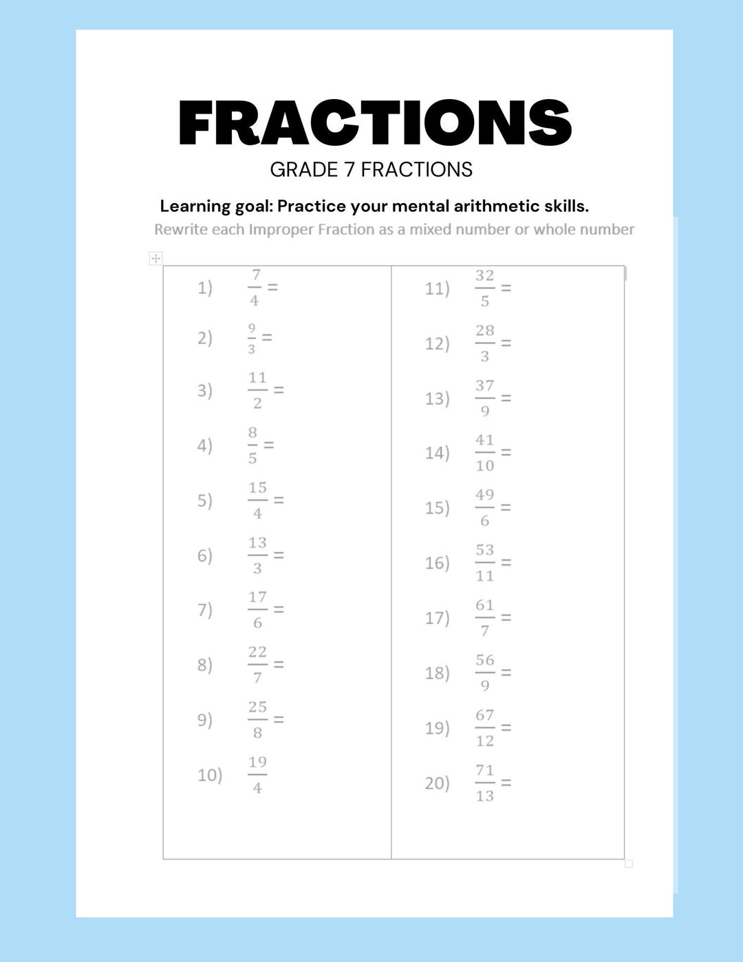 Printable Math Worksheet Fractions Homeschool Worksheet Grade 6 Grade 7 ...