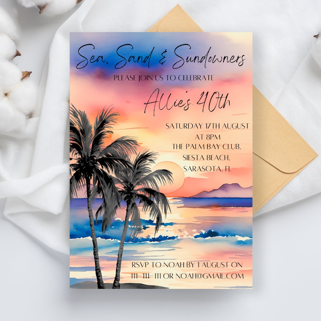 Editable 'sea, Sand & Sundowners' Birthday Party Invitation | 5x7 Canva ...