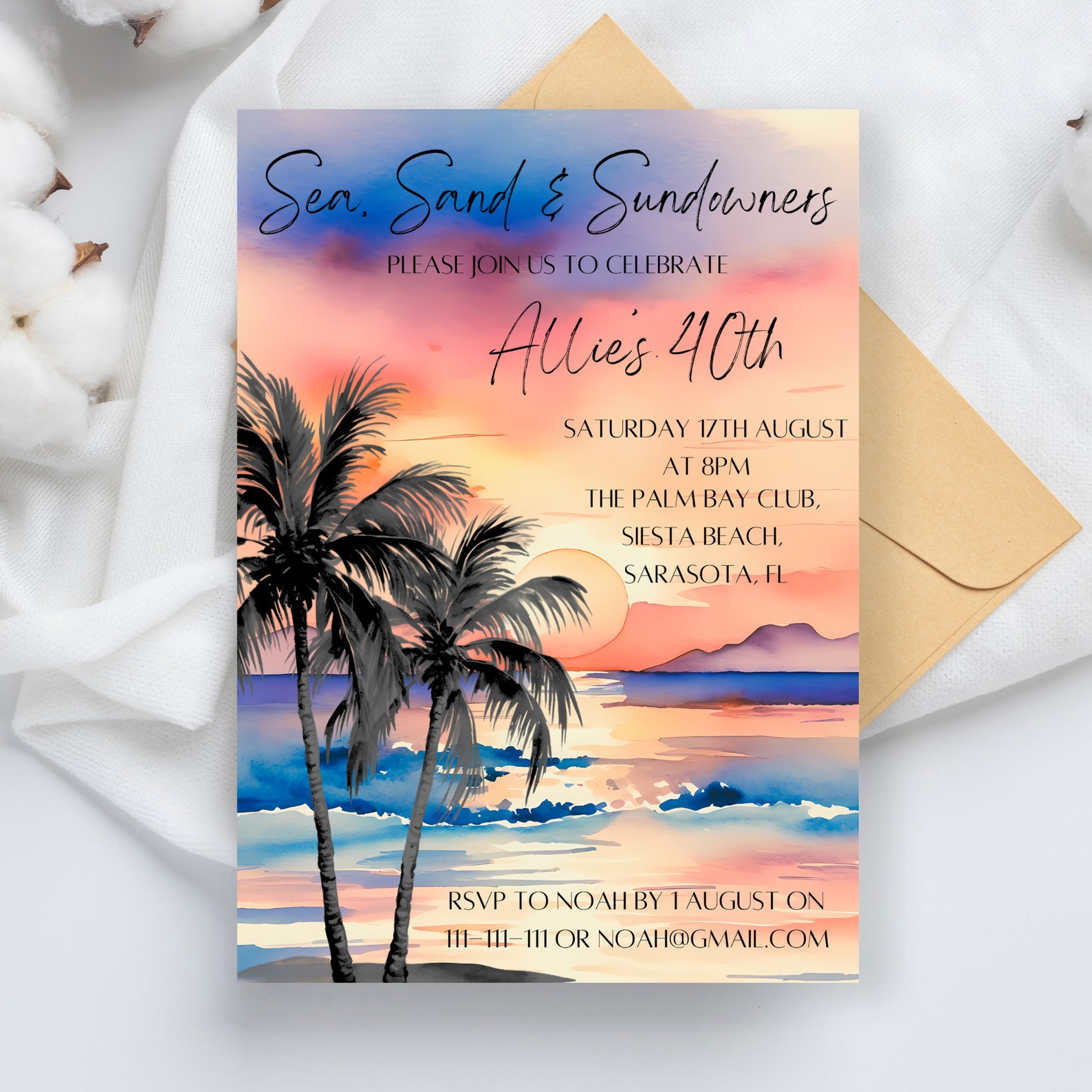 Editable 'sea, Sand & Sundowners' Birthday Party Invitation | 5x7 Canva ...