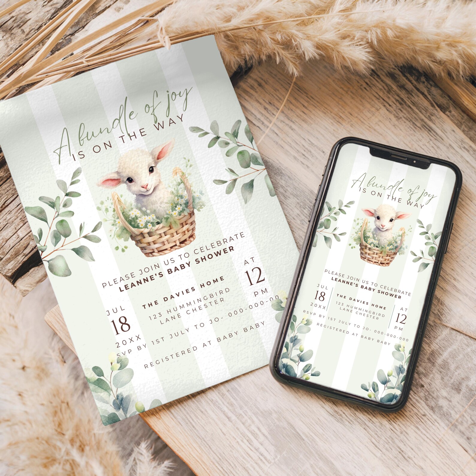 Lamb Baby Shower Invitation: Green Foliage Invite, Spring Animal ...