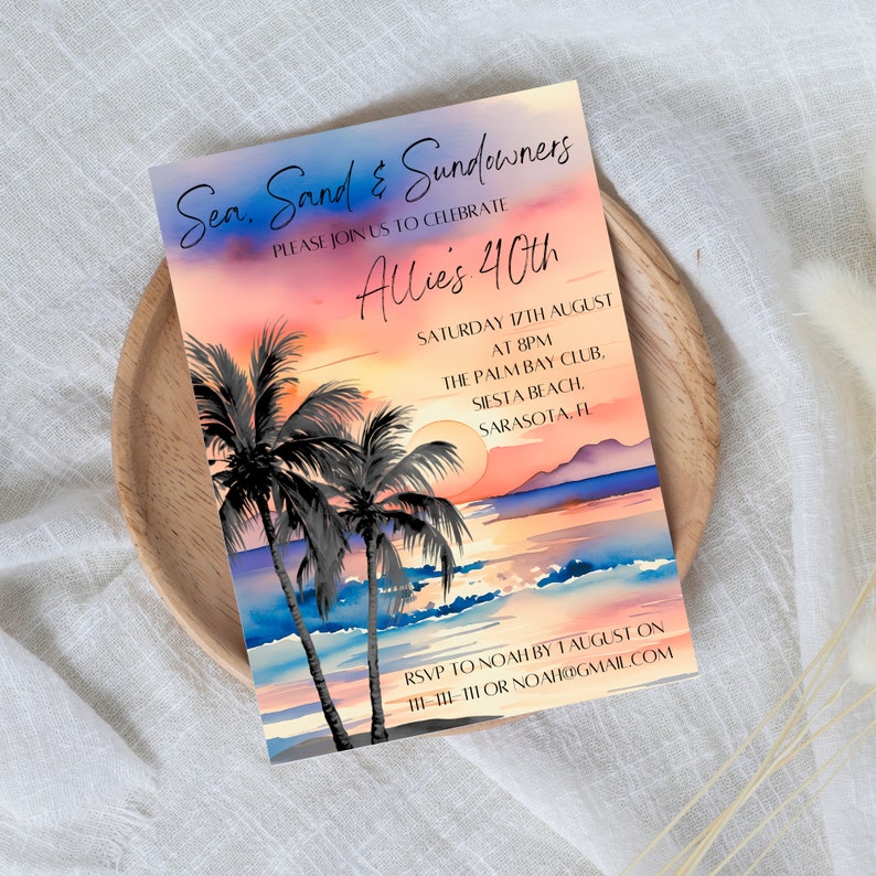 Editable 'sea, Sand & Sundowners' Birthday Party Invitation | 5x7 Canva ...