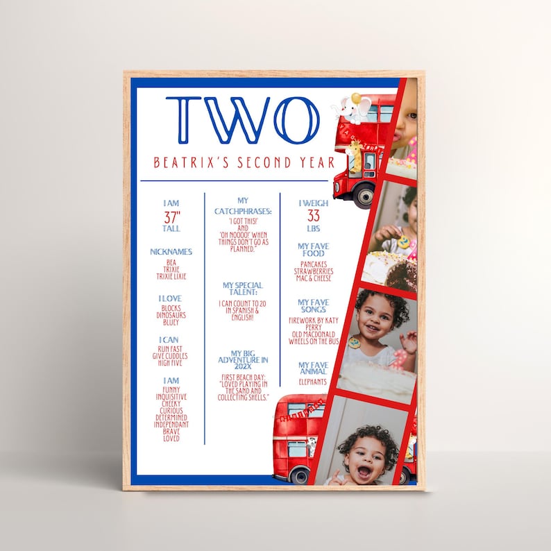 Wheels on the Bus Birthday Milestone Board - Red London Bus 2nd ...