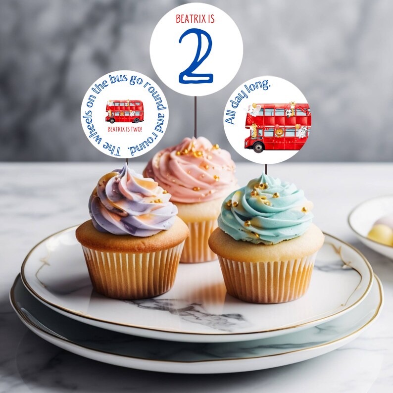 Wheels on the Bus Birthday Cupcake Toppers - Red London Bus Birthday ...