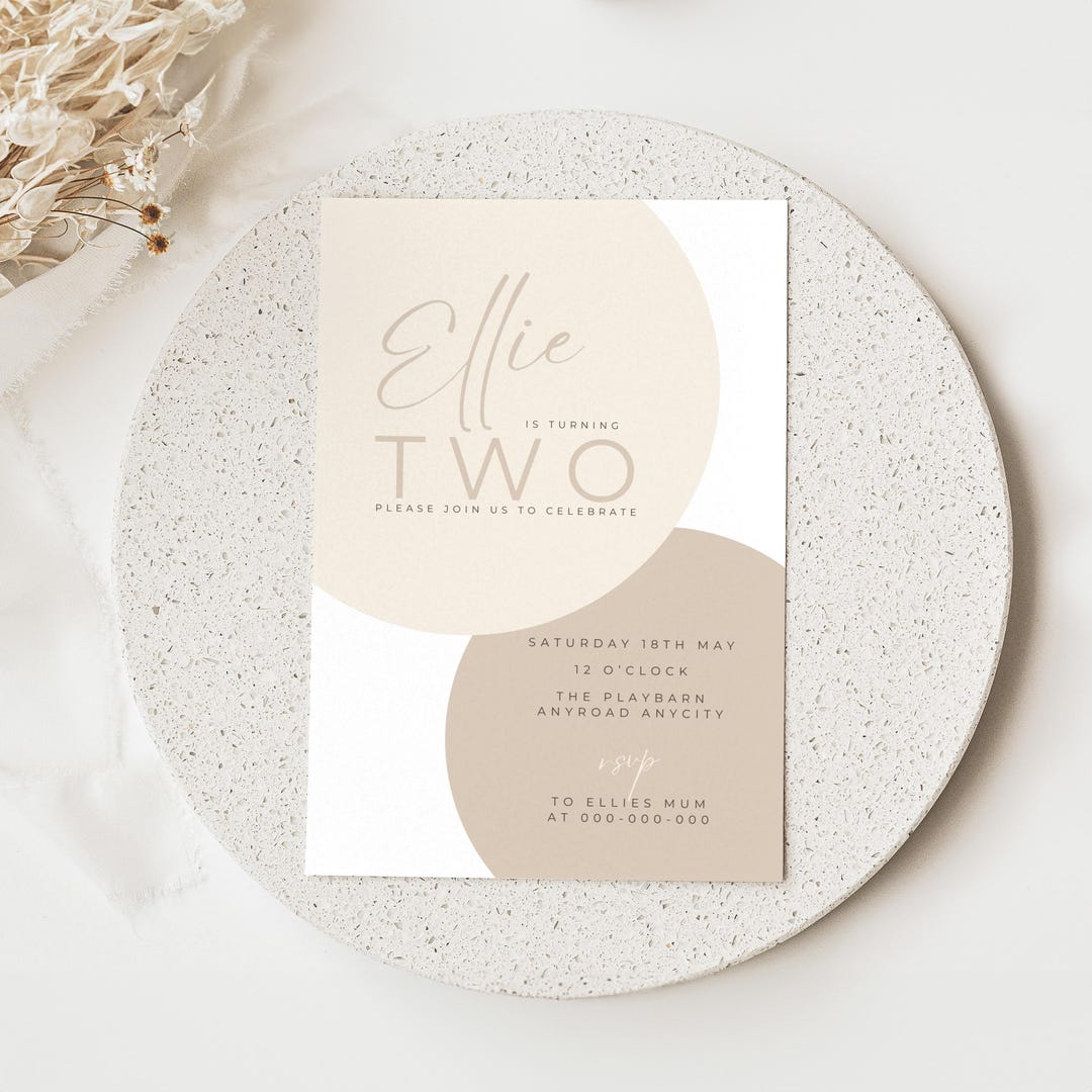 Minimal Beige 2nd Birthday Invitation Template, Modern Party Invite ...