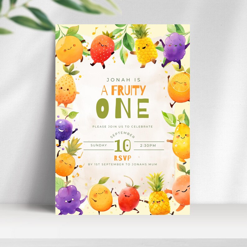 Dancing Fruit First Birthday Invitation Fruity One Light Bright Fun ...