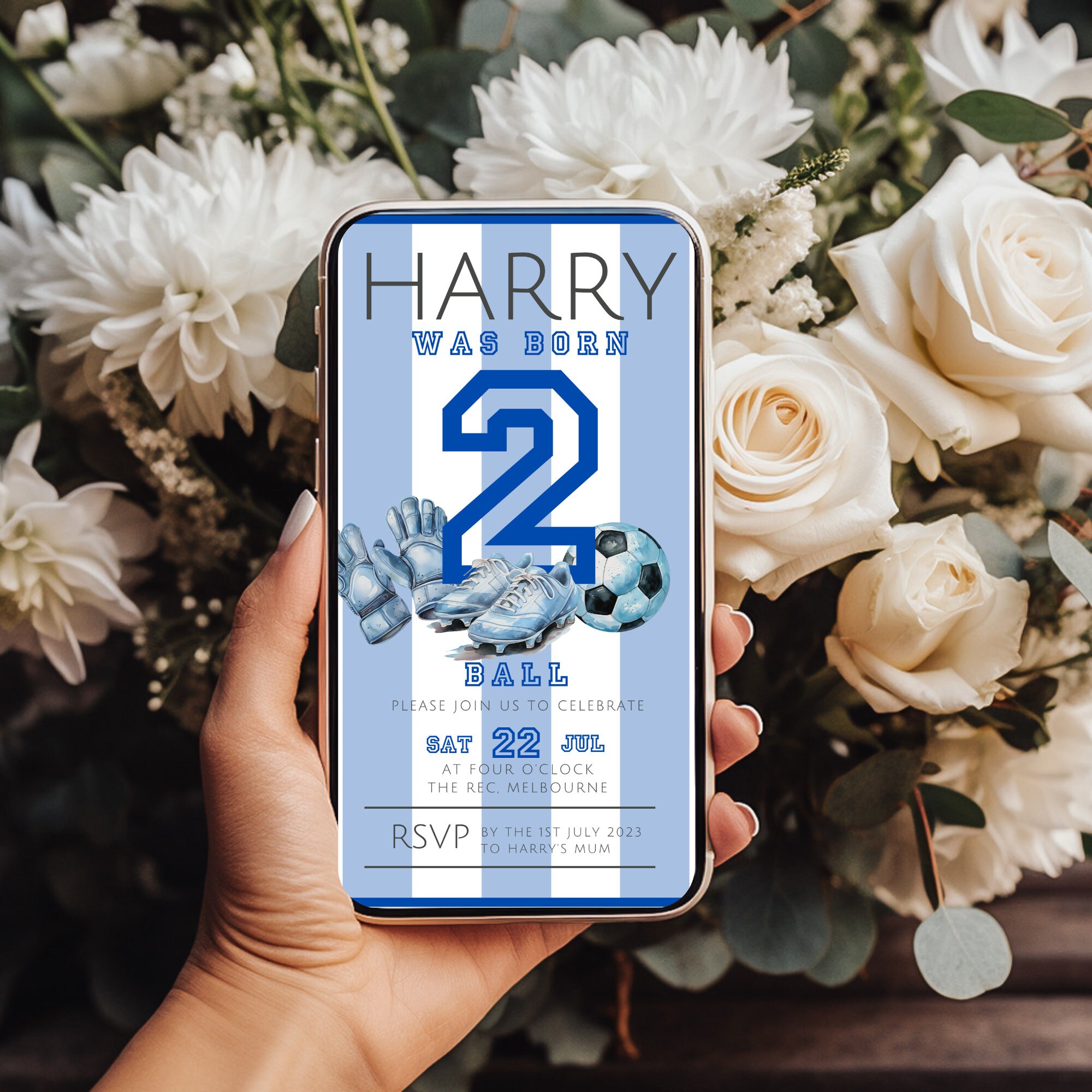 Football, Soccer, Born 2 Ball 2nd Birthday Invitation - Blue, Stripe ...