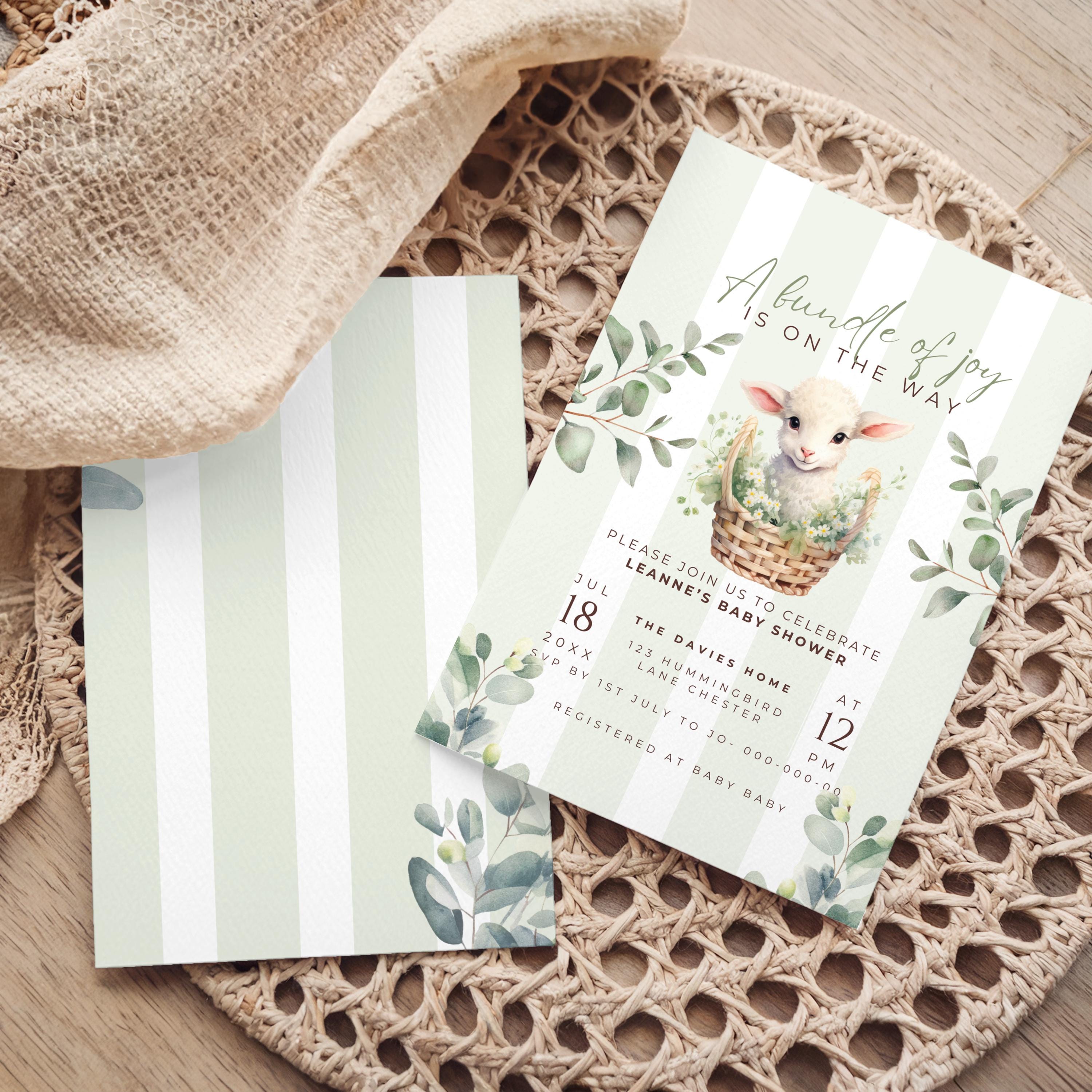 Lamb Baby Shower Invitation: Green Foliage Invite, Spring Animal ...
