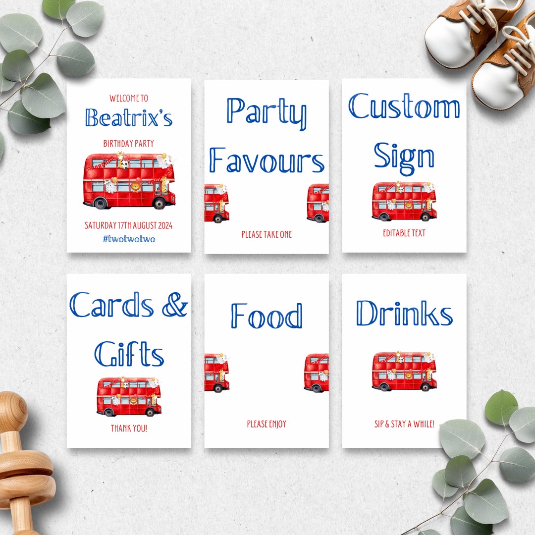 Wheels on the Bus Birthday Signs - Red London Bus Birthday Welcome Sign ...