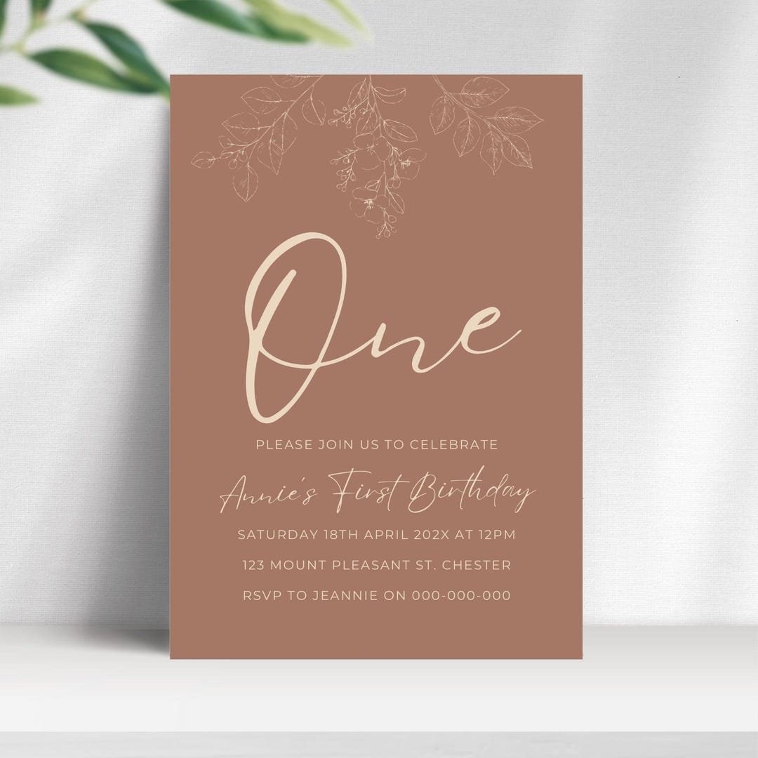 Editable Mocha Mousse One First Birthday Invitation Template | Pretty ...