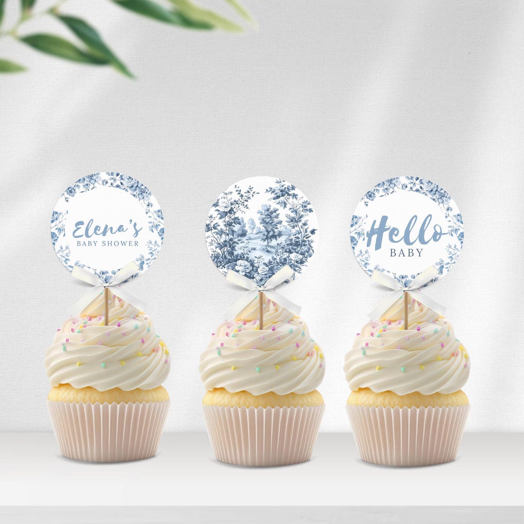 Toile Baby Shower Cupcake Topper Templates | Blue 4 Designs | Flowers ...