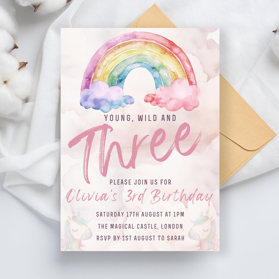 Young Wild and Three Birthday Invitation Rainbow & Unicorns, 3rd ...