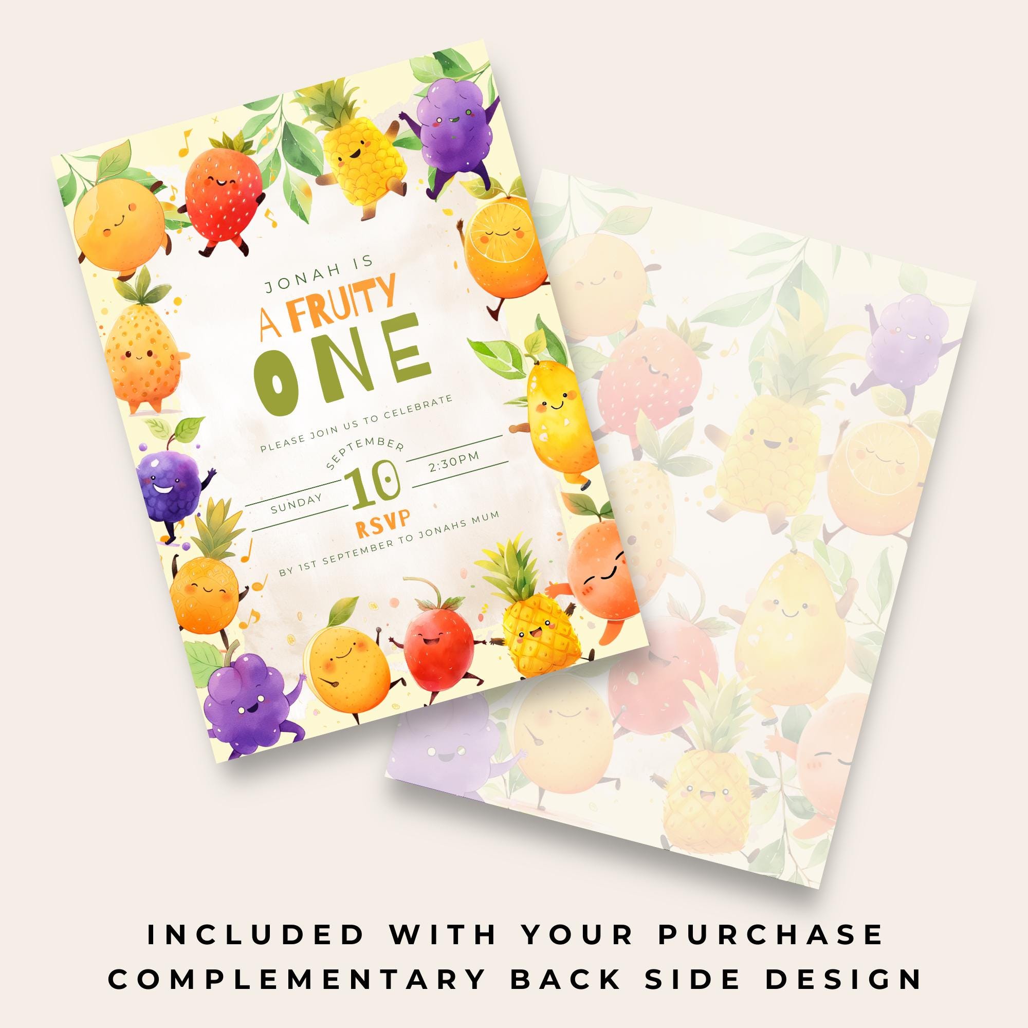 Dancing Fruit First Birthday Invitation Fruity One Light Bright Fun ...