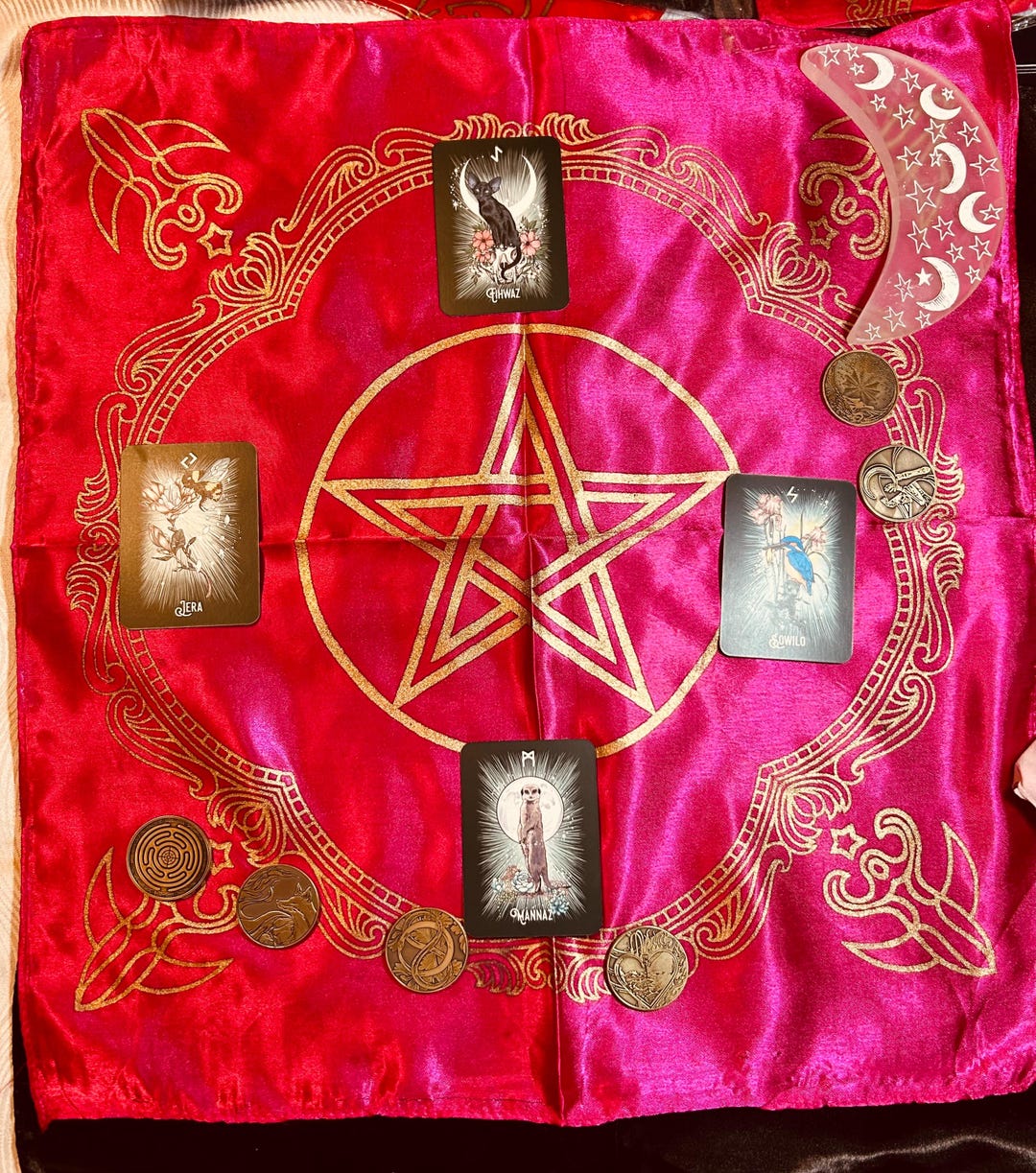Pentagram Altar Tarot Cloth 21x21" Satin Gold Print Hot Pink - Etsy