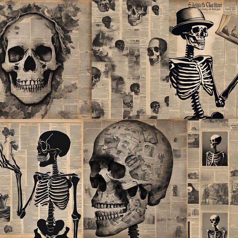 DIGITAL DOWNLOAD BUNDLE Newspaper Skeleton Skull Design Background ...