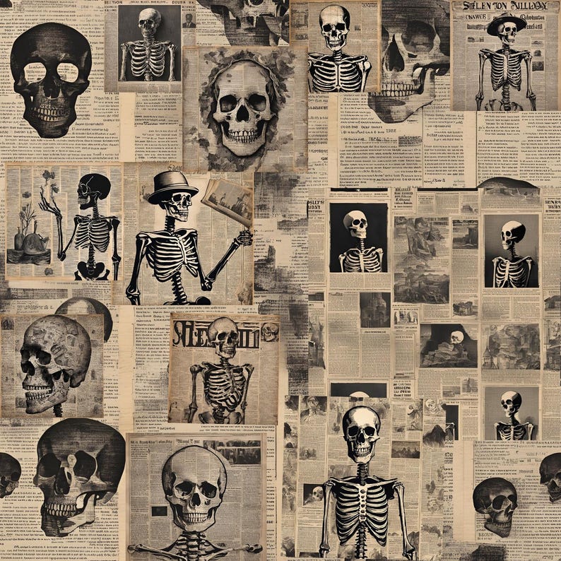 DIGITAL DOWNLOAD BUNDLE Newspaper Skeleton Skull Design Background ...