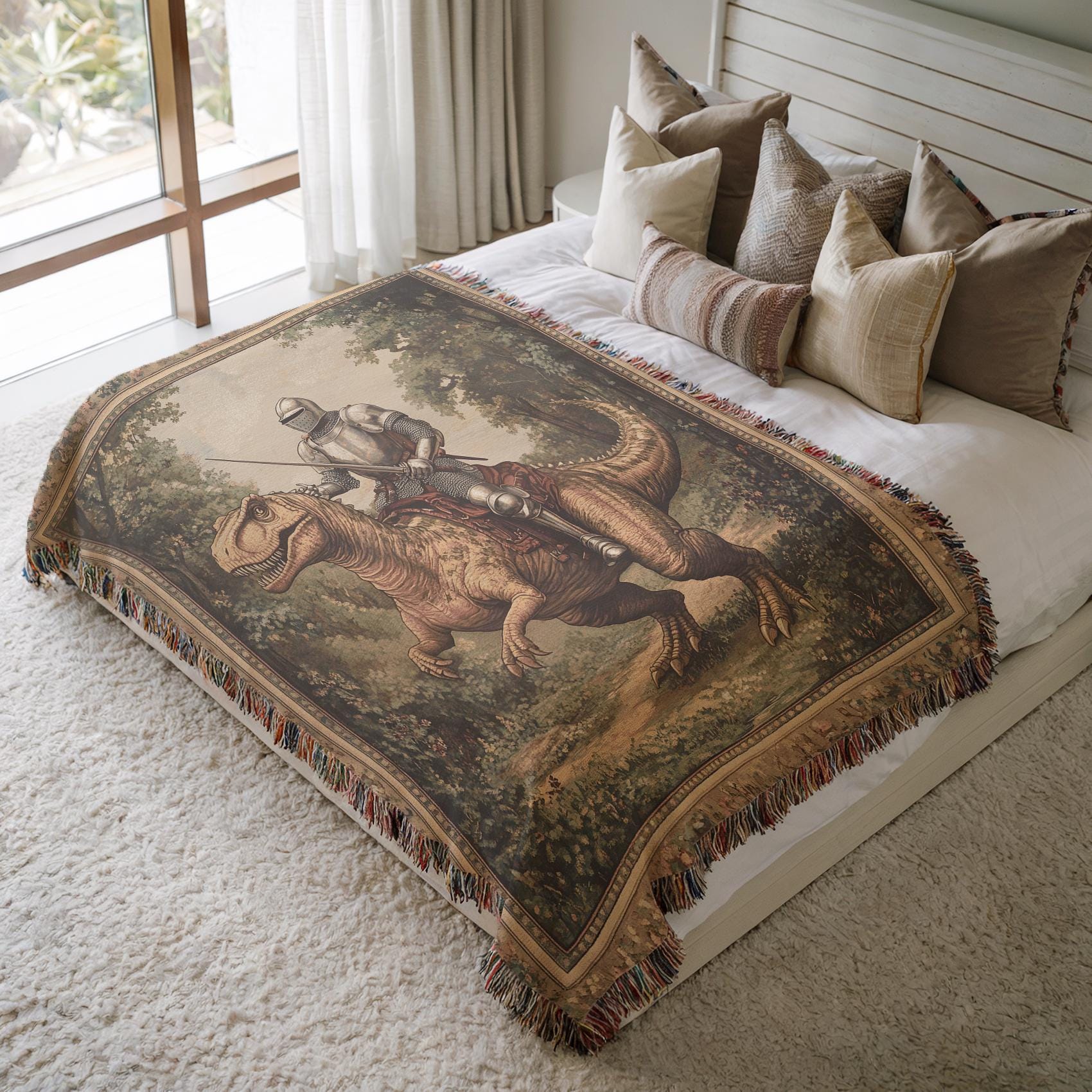 Knight on T-rex Dinosaur Woven Throw Blanket, Medieval Fantasy Romance ...