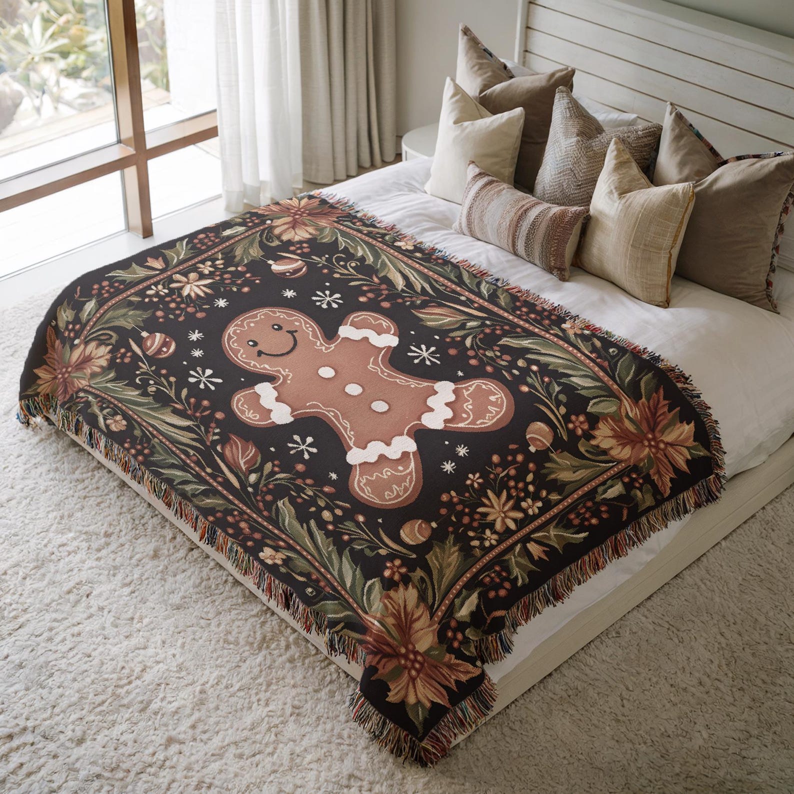 Classic Gingerbread Man Woven Throw Blanket, Dark Moody Holiday Wall ...