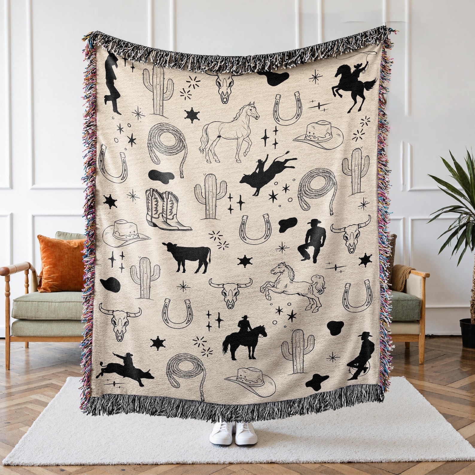 Western Cowboy Line Art Woven Throw Blanket, Countrycore Rustic ...
