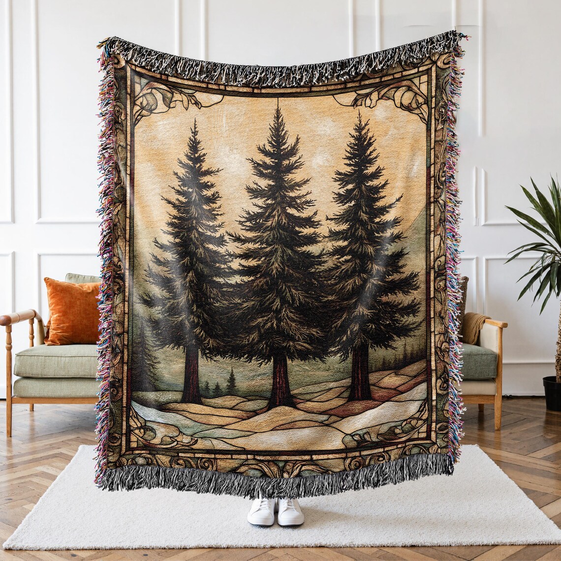 Stained Glass Pine Trees Woven Throw Blanket, Rustic Winter Maximalist ...
