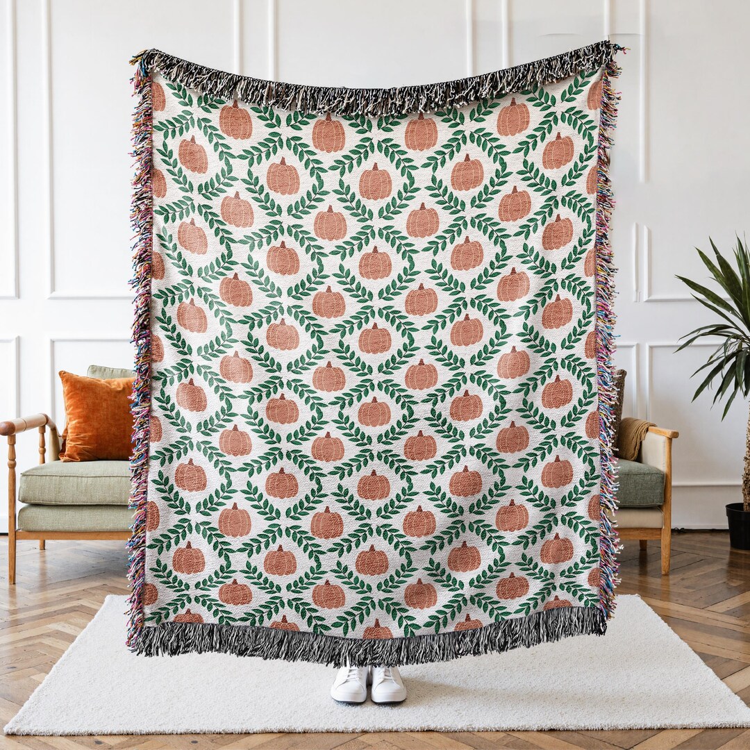 Fall Cottagecore Woven Throw Blanket, Cozy Pumpkin Granny Chic ...