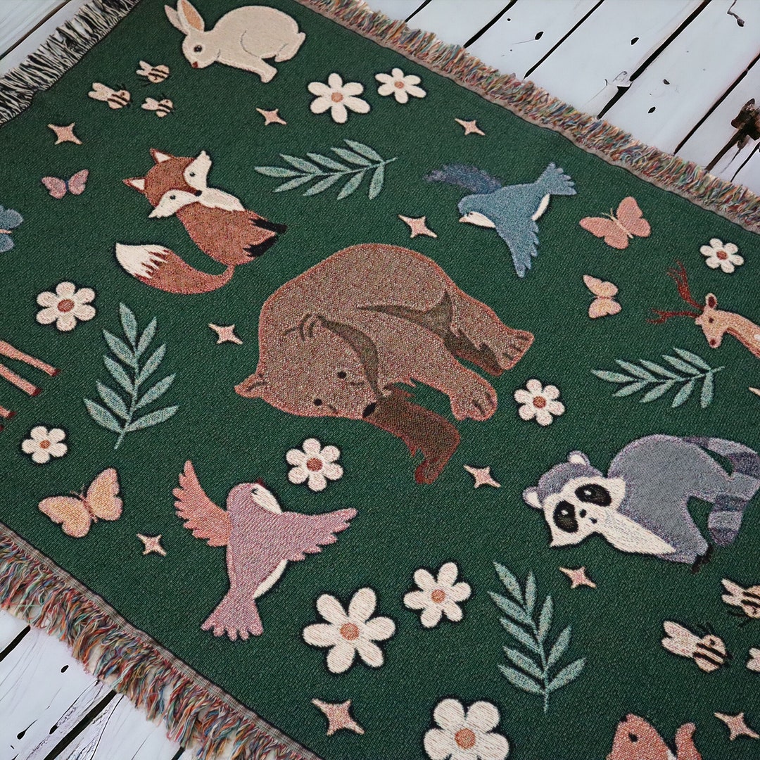 Woodland Animal Woven Throw Blanket | Nature Home Decor | Cozy Nursery ...