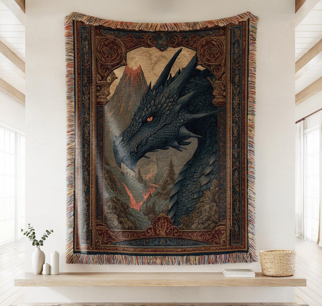Black Fire Dragon Woven Throw Fringed Blanket, Mythical Medieval ...