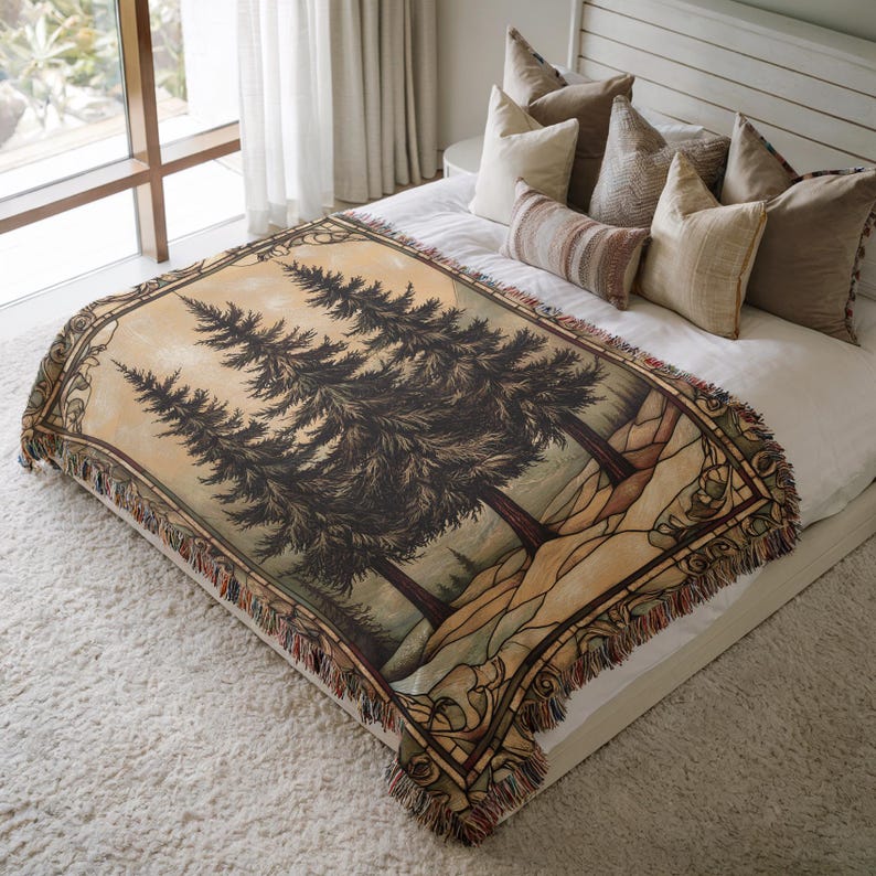 Stained Glass Pine Trees Woven Throw Blanket, Rustic Winter Maximalist ...