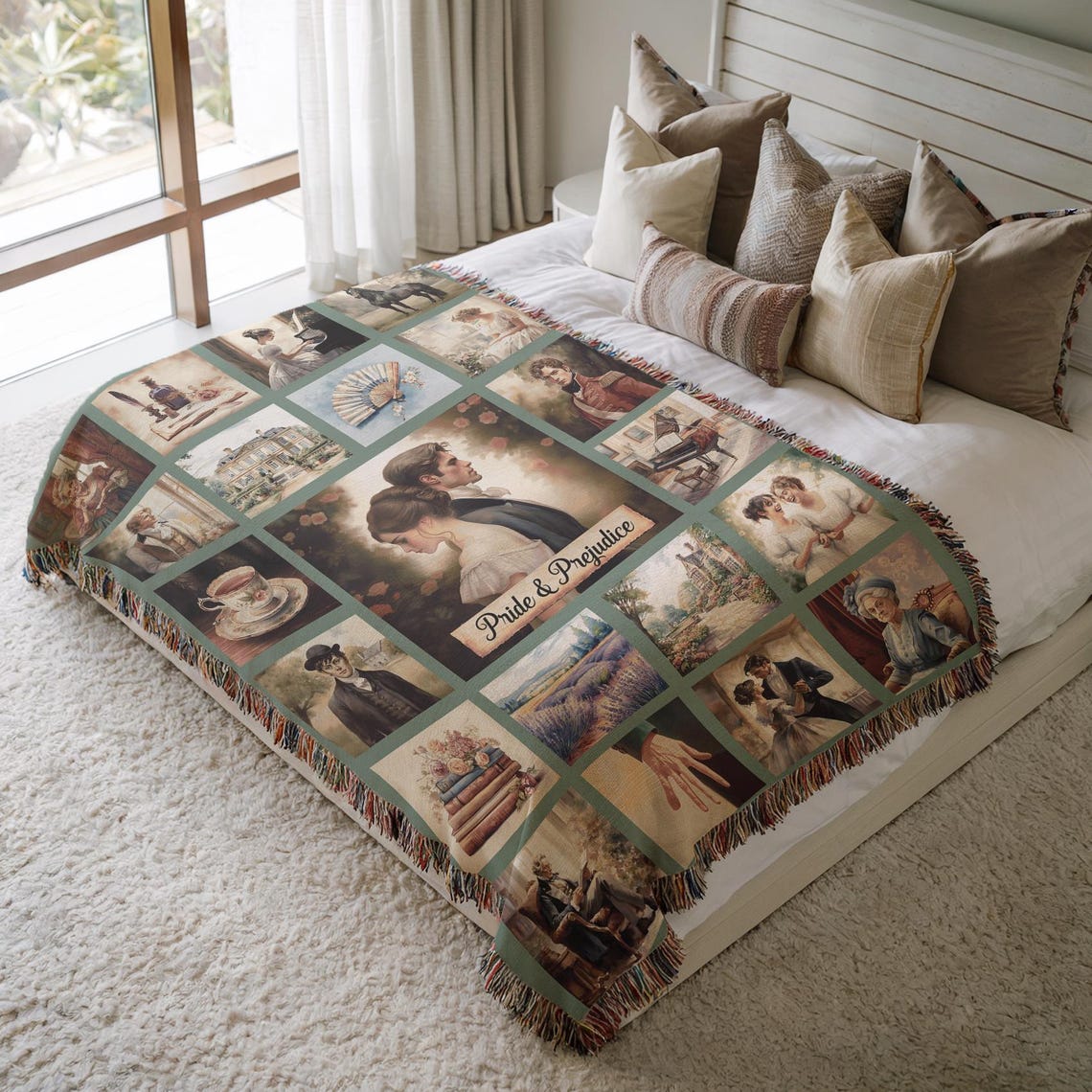 Pride and Prejudice Woven Throw Blanket, Mr Darcy Reading Nook Tapestry, Vintage Dark Academia ...