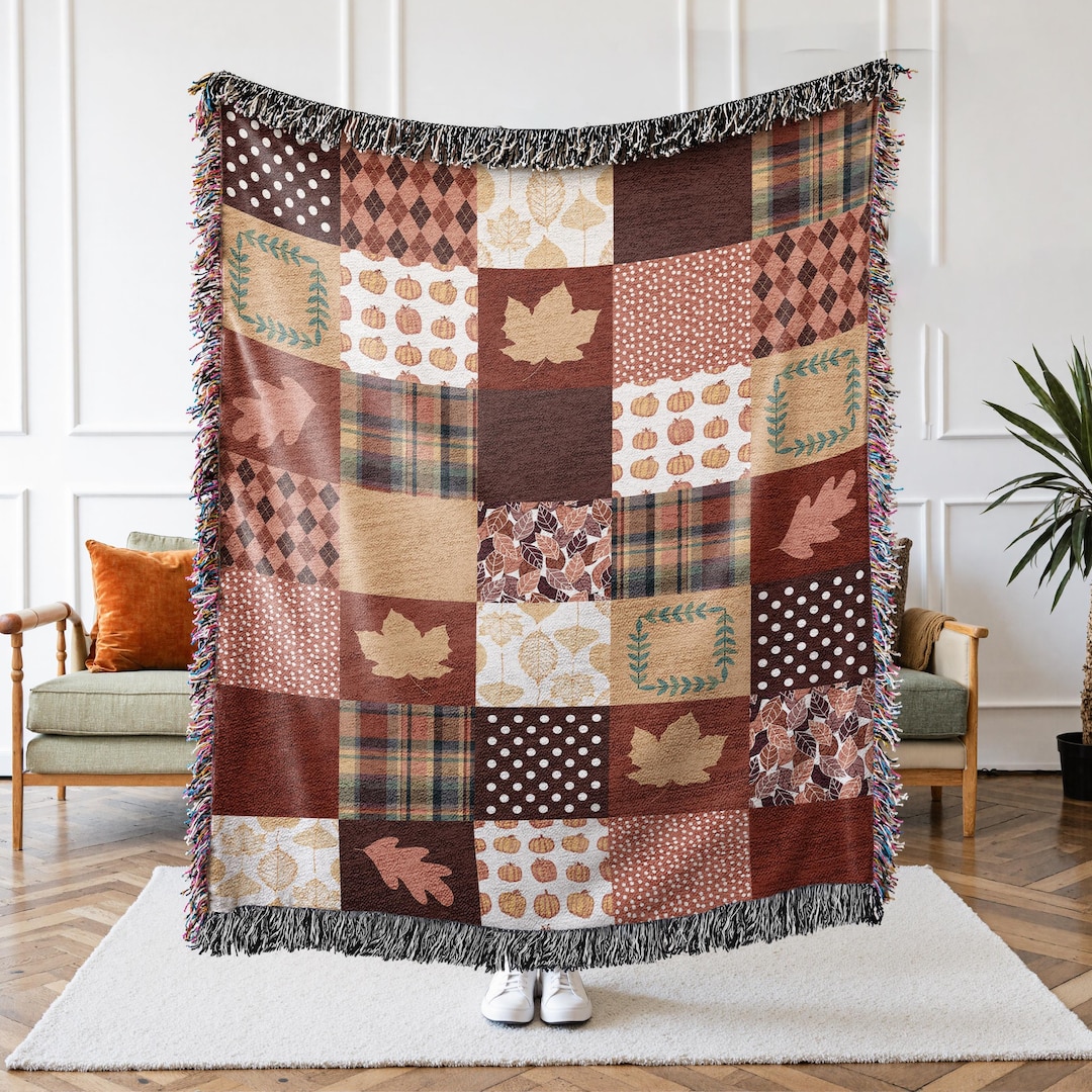 Cozy Autumn Plaid Woven Throw Blanket | Autumn Wall Art | Leaf Blanket ...