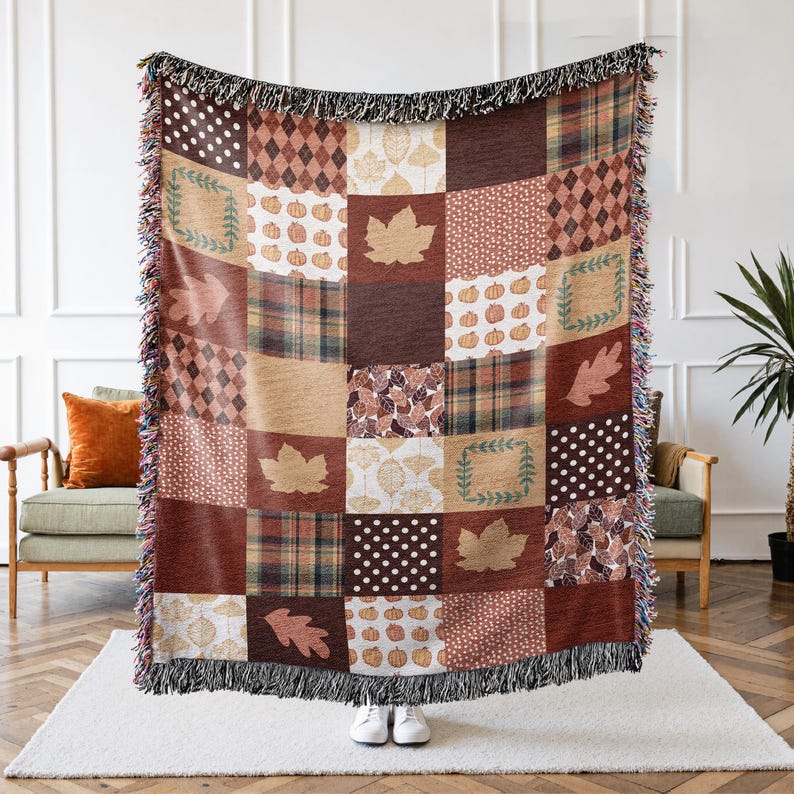 Cozy Autumn Plaid Woven Throw Blanket | Autumn Wall Art | Leaf Blanket ...