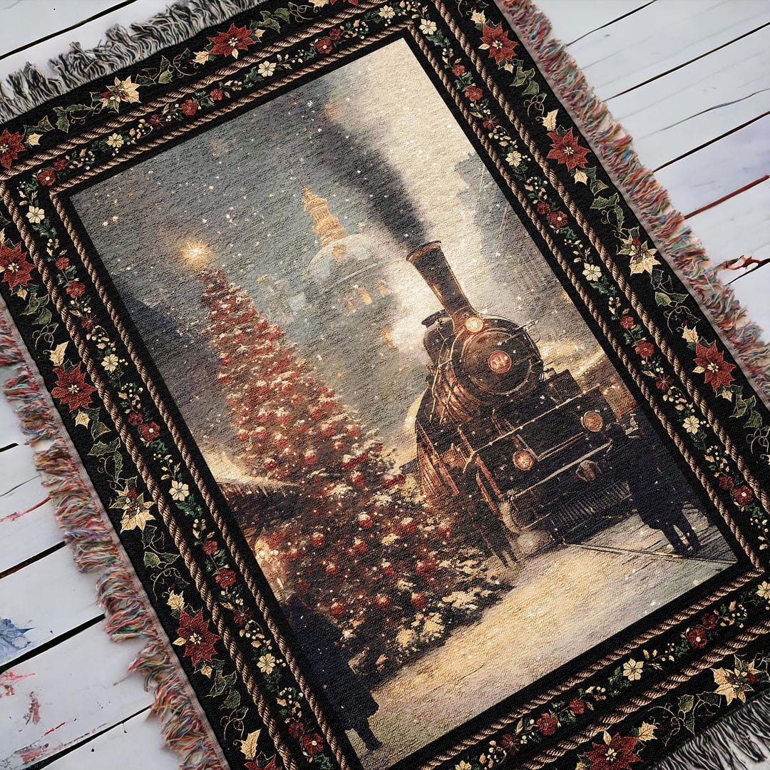 Classic Vintage Christmas Train Throw Blanket, Dark Moody Tapestry ...