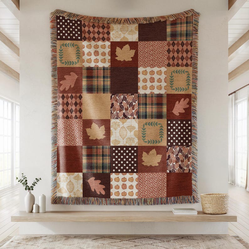 Cozy Autumn Plaid Woven Throw Blanket | Autumn Wall Art | Leaf Blanket ...