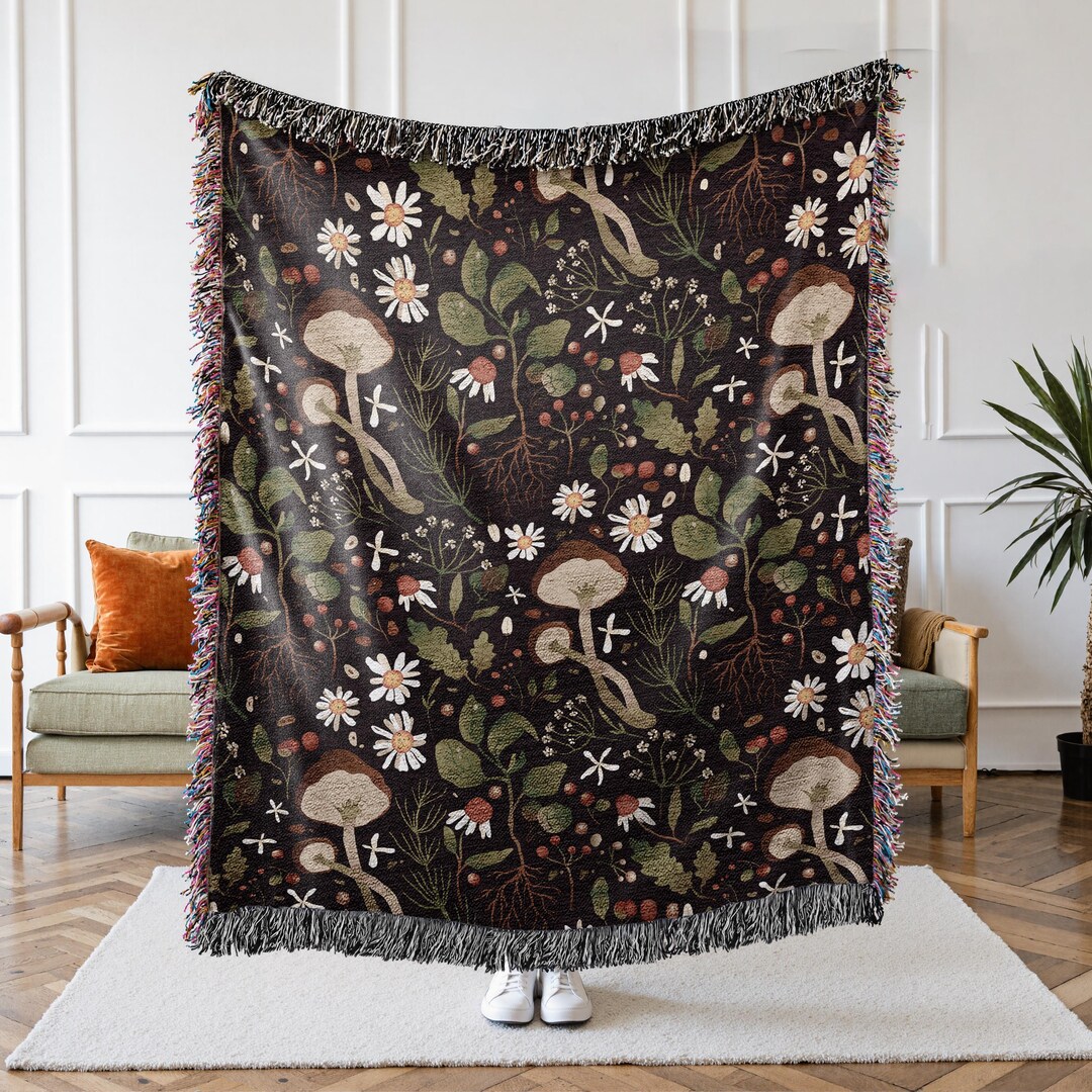 Whimsigoth Mushroom Blanket, Floral Fungi Wall Tapestry, Dark Moody ...