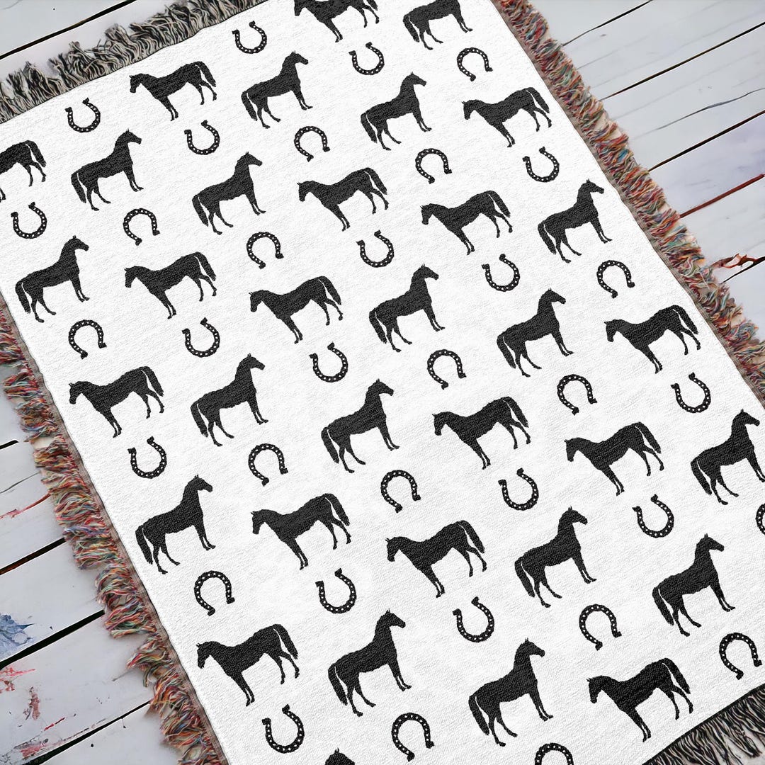 Rustic Black Horse Woven Throw Blanket, Countrycore Cozy Farmhouse ...