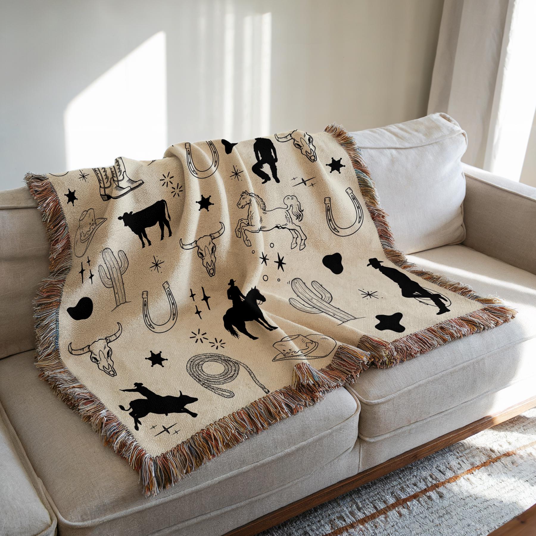 Western Cowboy Line Art Woven Throw Blanket, Countrycore Rustic ...