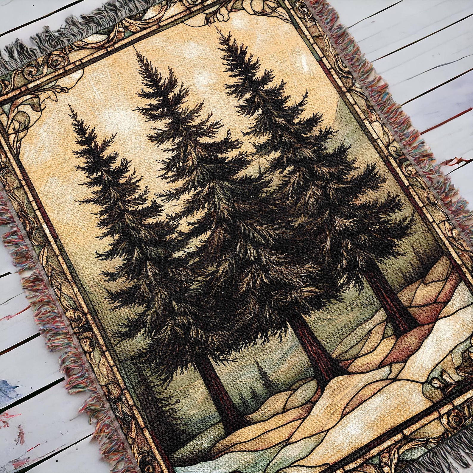 Stained Glass Pine Trees Woven Throw Blanket, Rustic Winter Maximalist ...