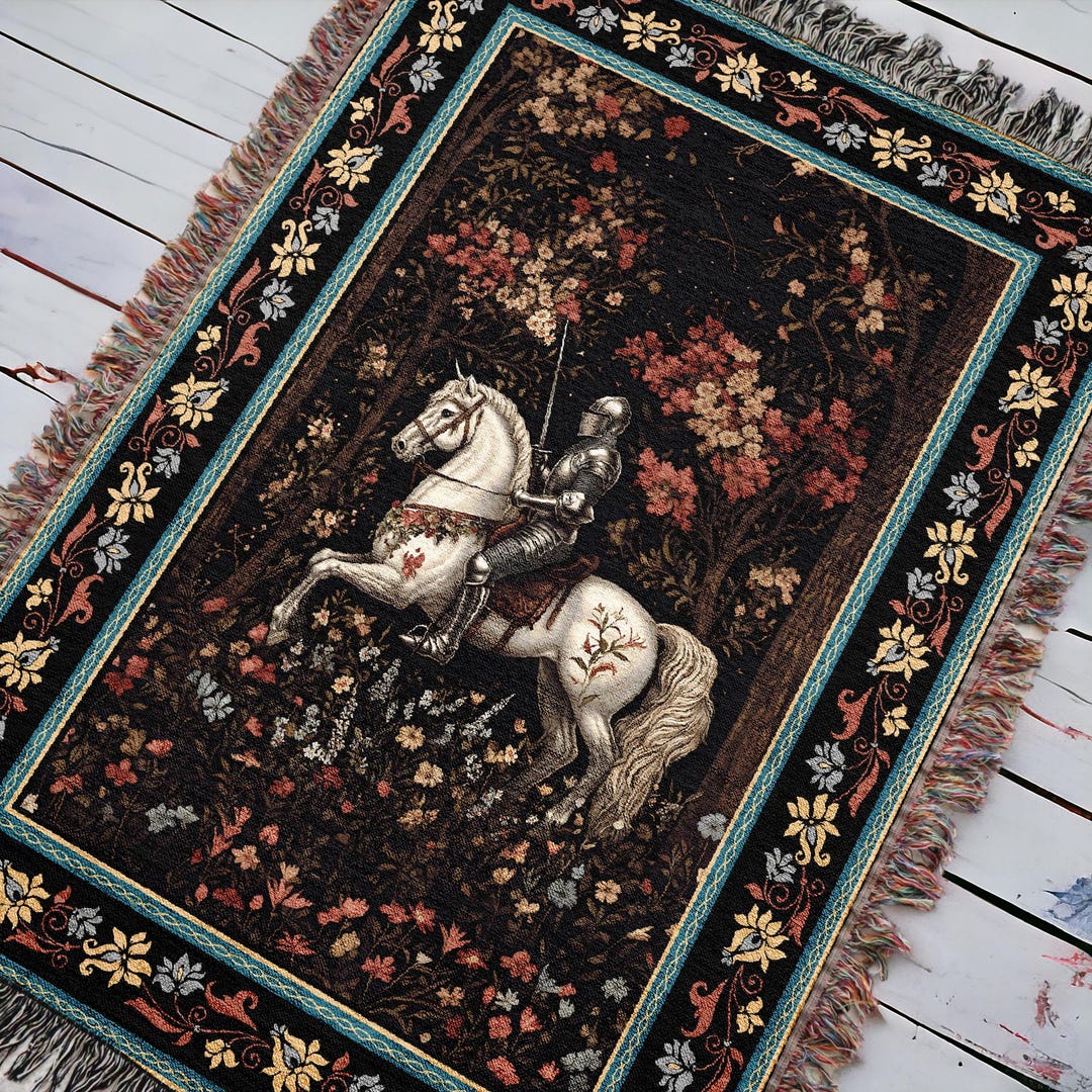 Knight in Armor Riding Horse Woven Throw Blanket, Medieval Fantasy ...